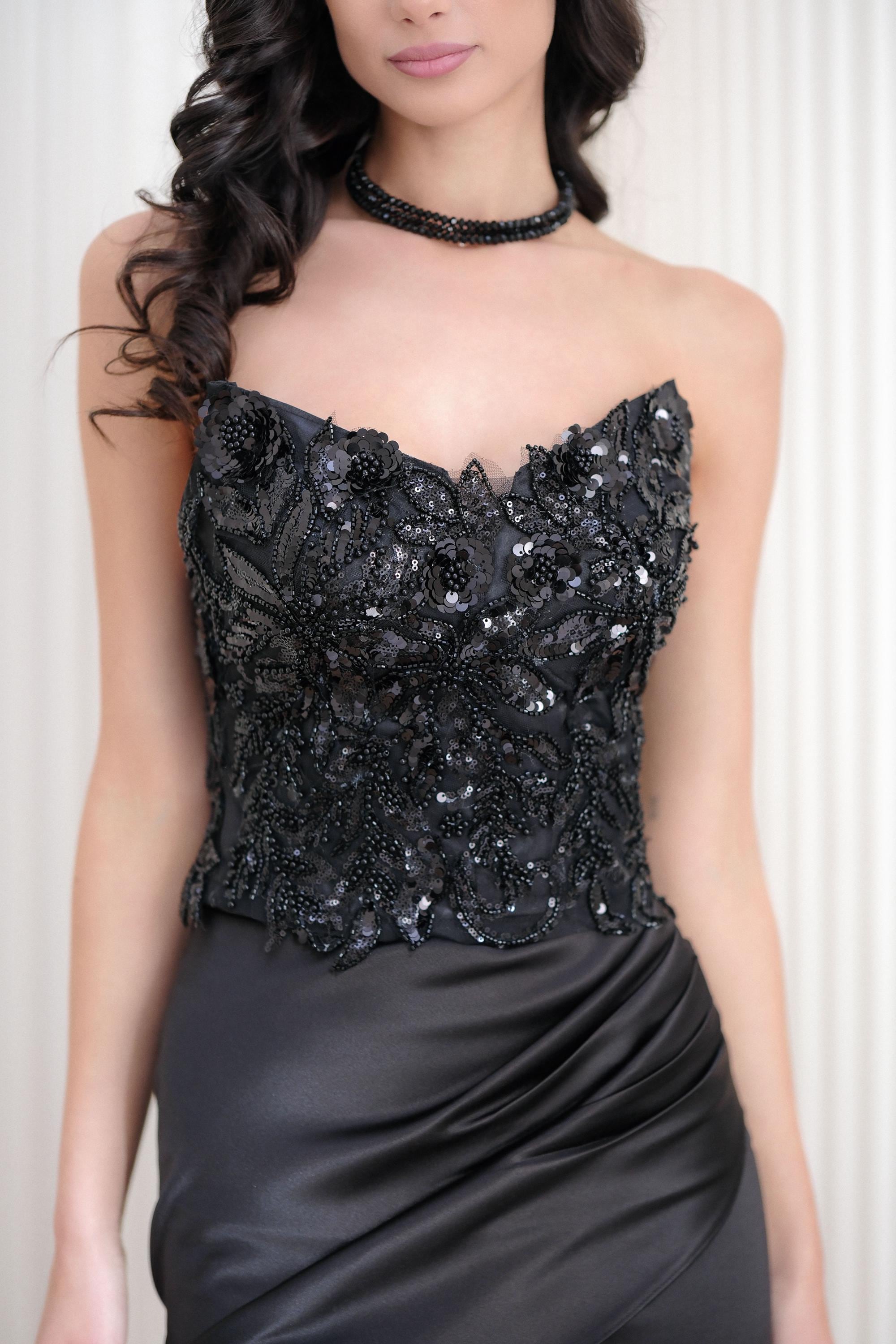 Black Sequin Corset. Short Bustier Top Floral Beaded. Graduation Outfit ...