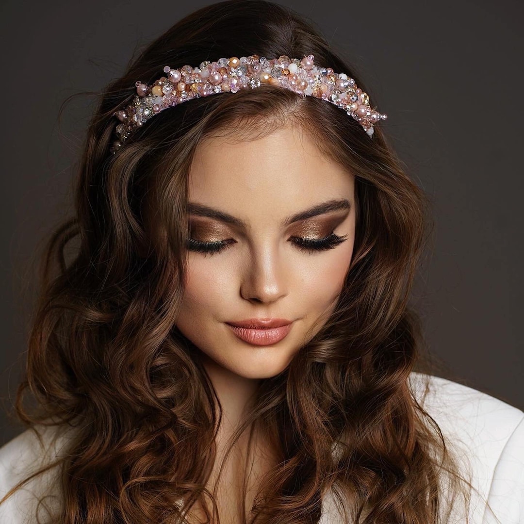 Pink Bridal Headpiece, Blush Crystal Headband for Dusty Rose Wedding ...