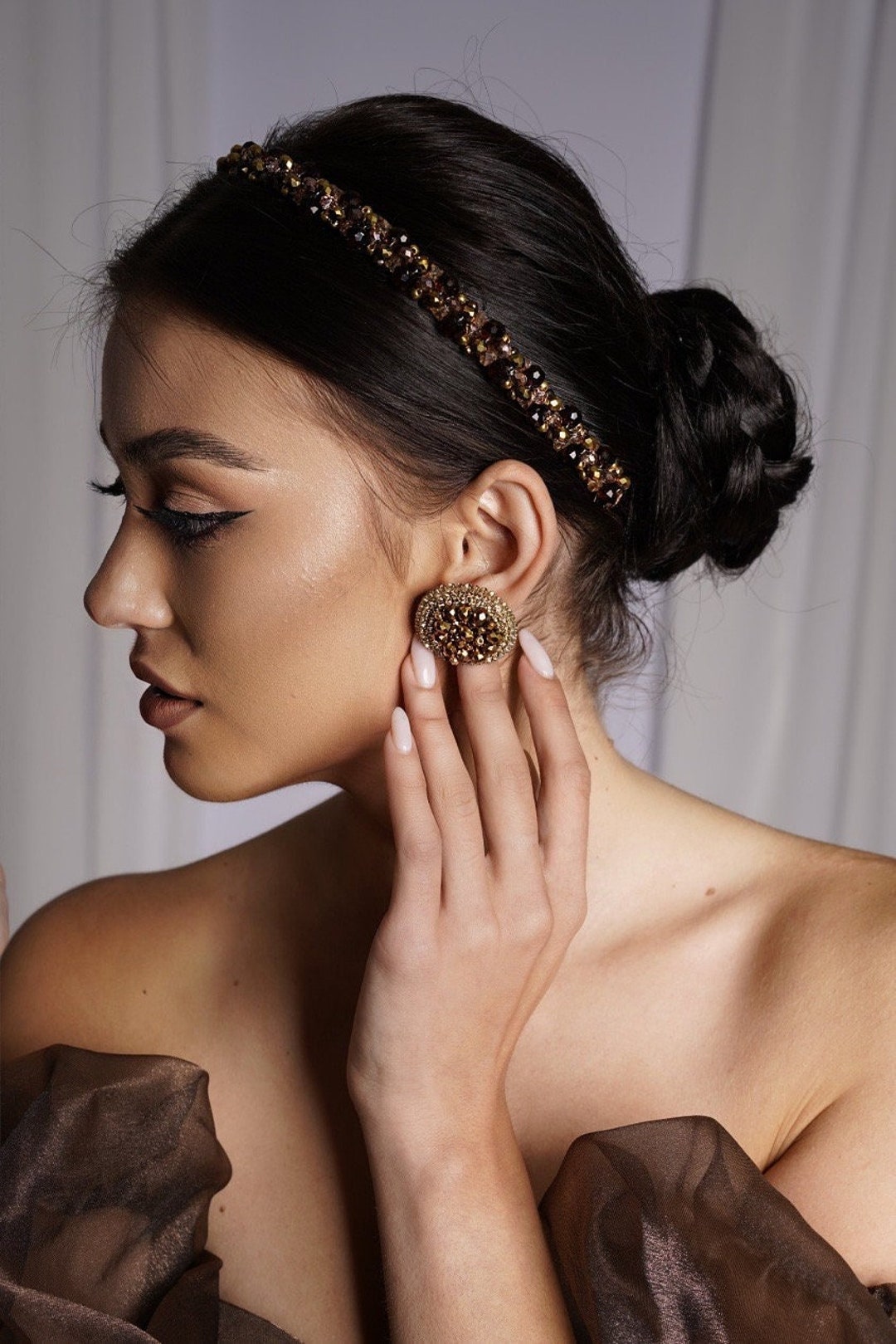 Bronze Crystal Headband, Thin Crystal Headband. Brown Pearl Headband ...