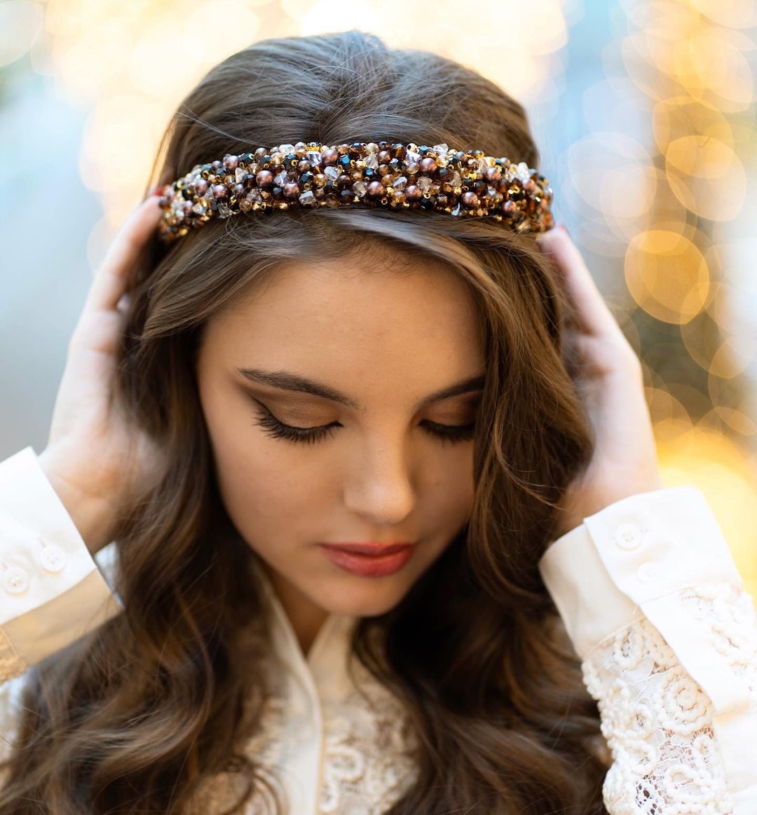 Bronze Tiara Headband , Bronze Bridal Crown, Brown Pearl Headband ...