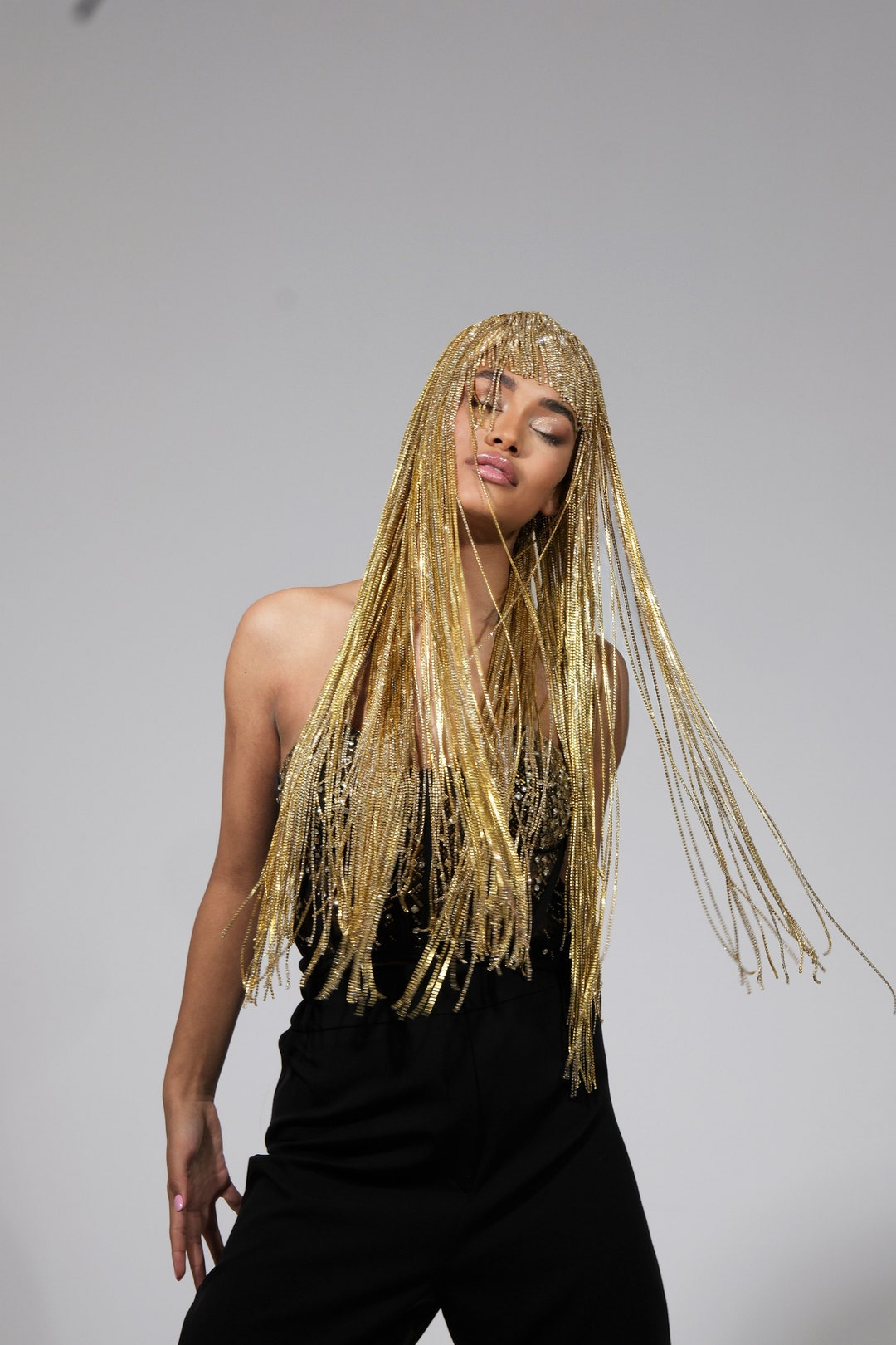 Gold Long Cosplay Wig. Burlesque Cleopatra Costume Rhinestone Chains ...