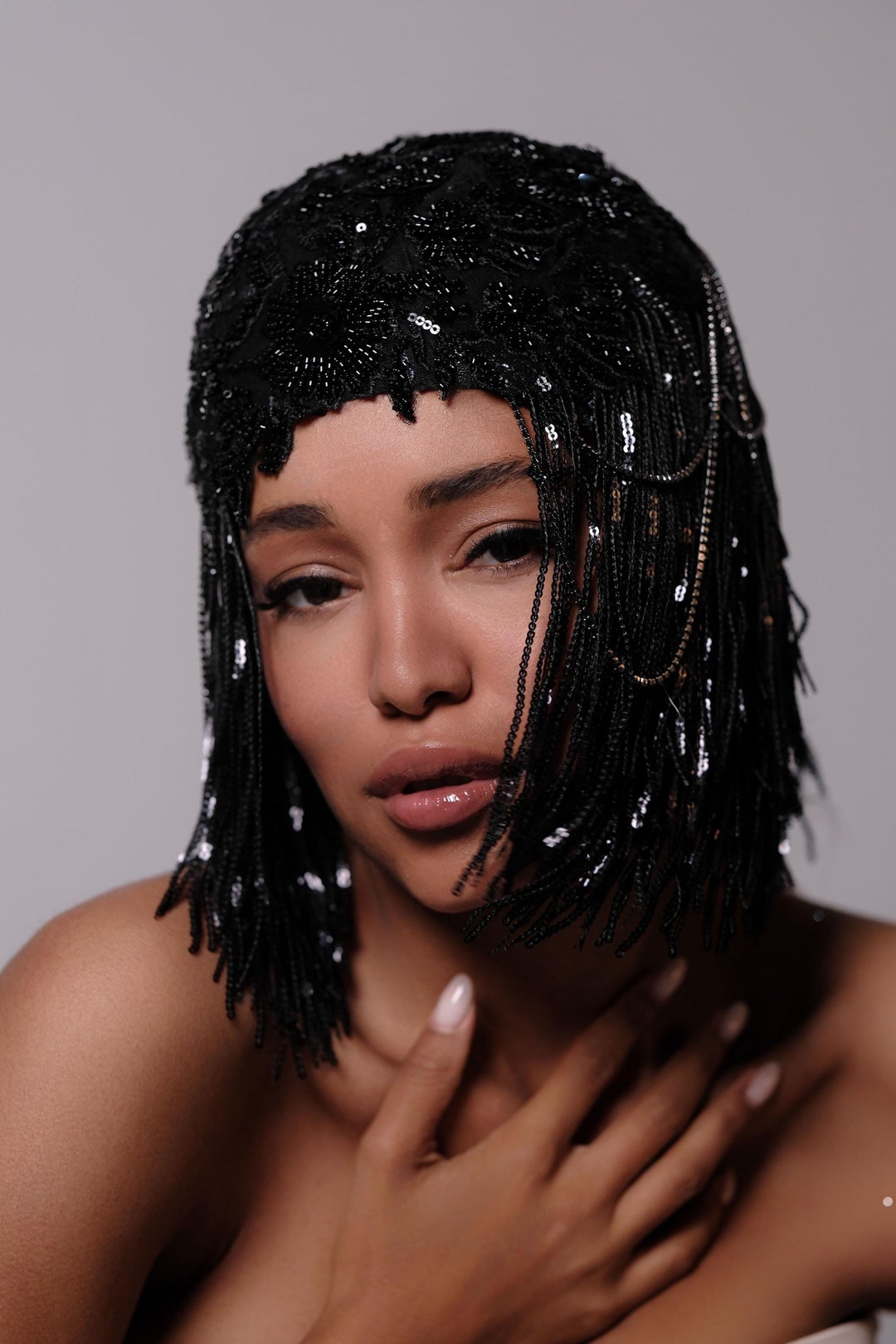 Black Cosplay Wig. Black Cleopatra Head Cap. Concert Showgirl Headpiece ...