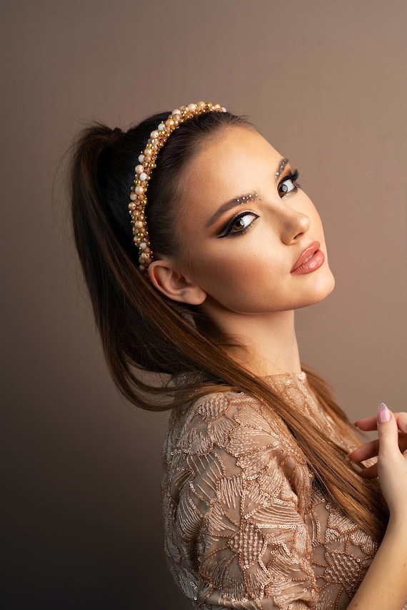 Gold Pearl Tiara Headband Gold Headpiece Bejeweled Headband - Etsy