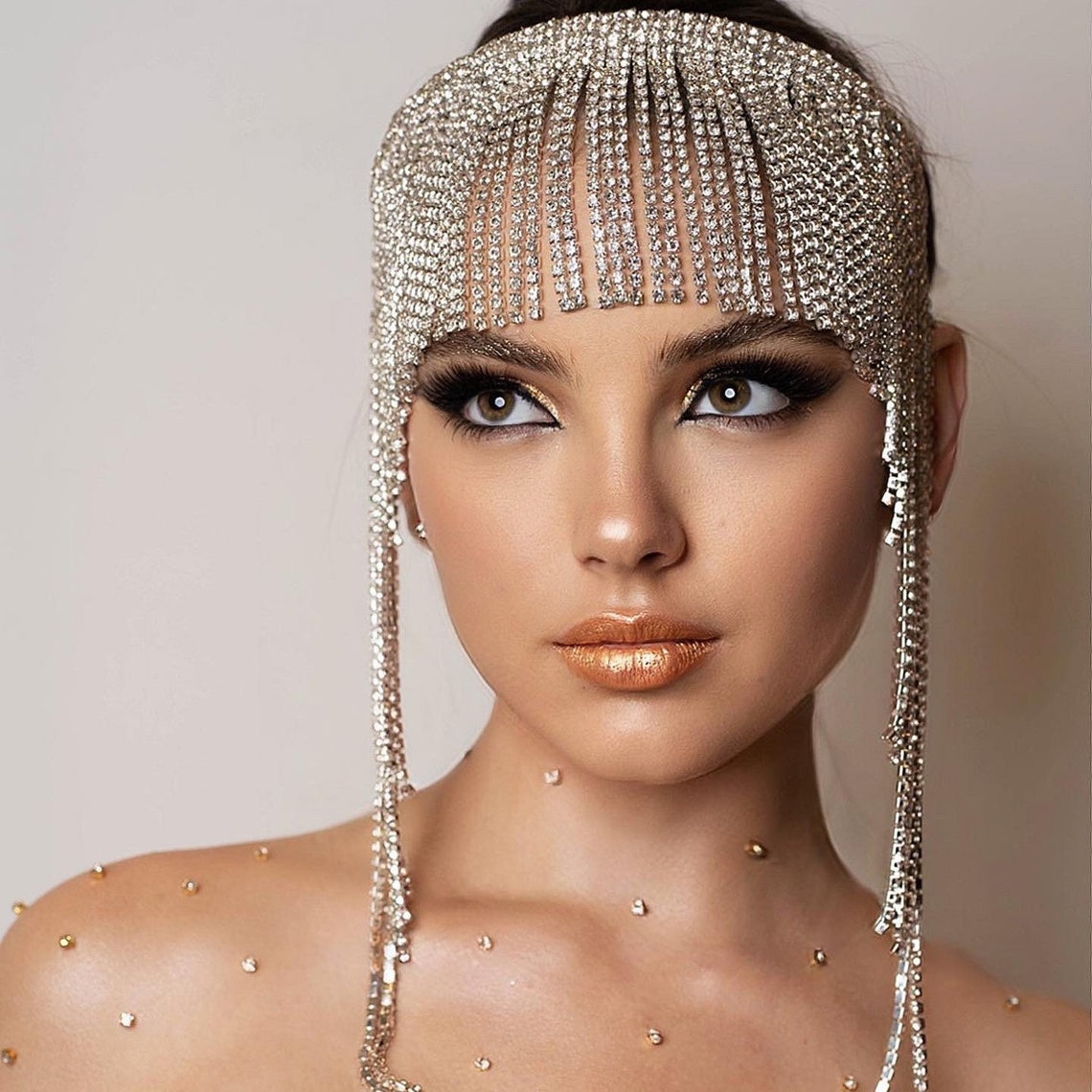 Rhinestone Head Chain, Tassel Bridal Headband, Forehead Jewelry, Silver ...