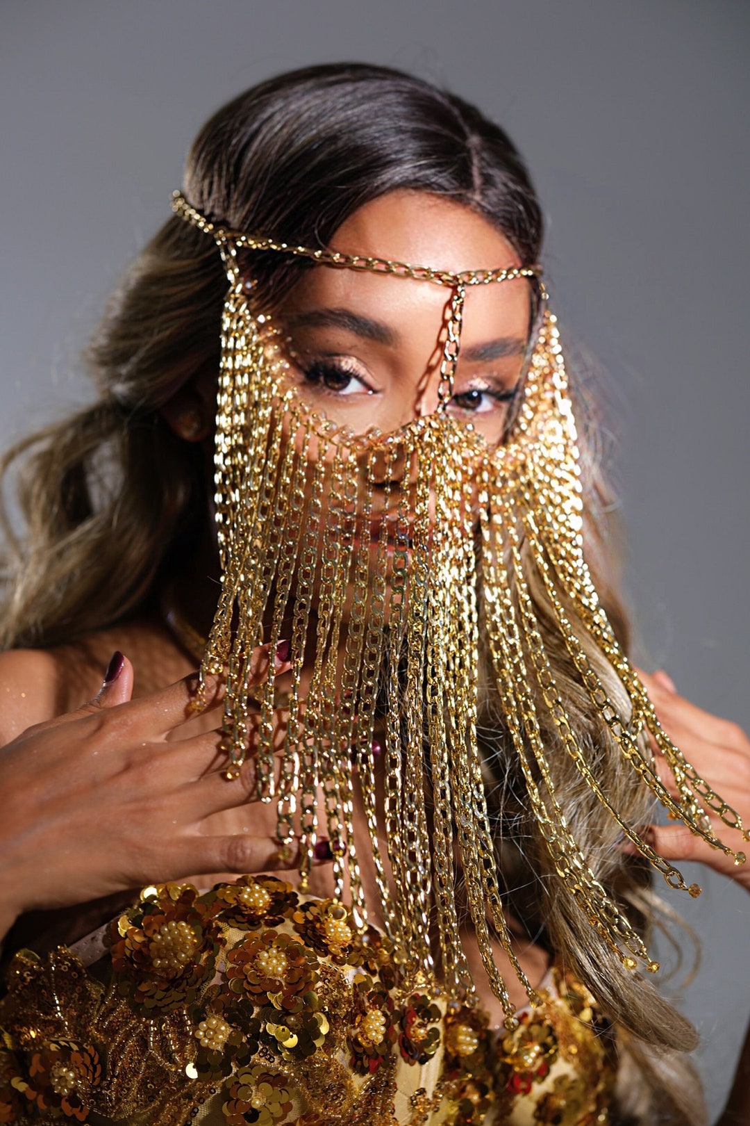 Gold Face Chain Mask , Festival Mask Arabic Style Chain Face Veil ...