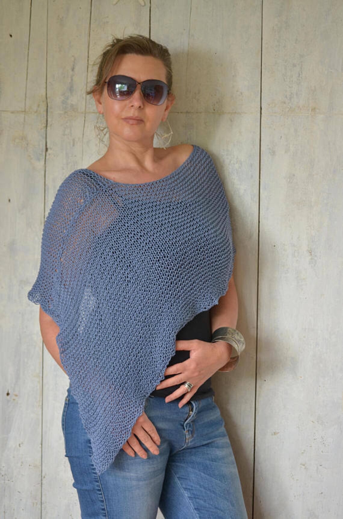Hand Knit Cotton Lightweight Poncho, Boho Style, Summer, Denim Blue ...