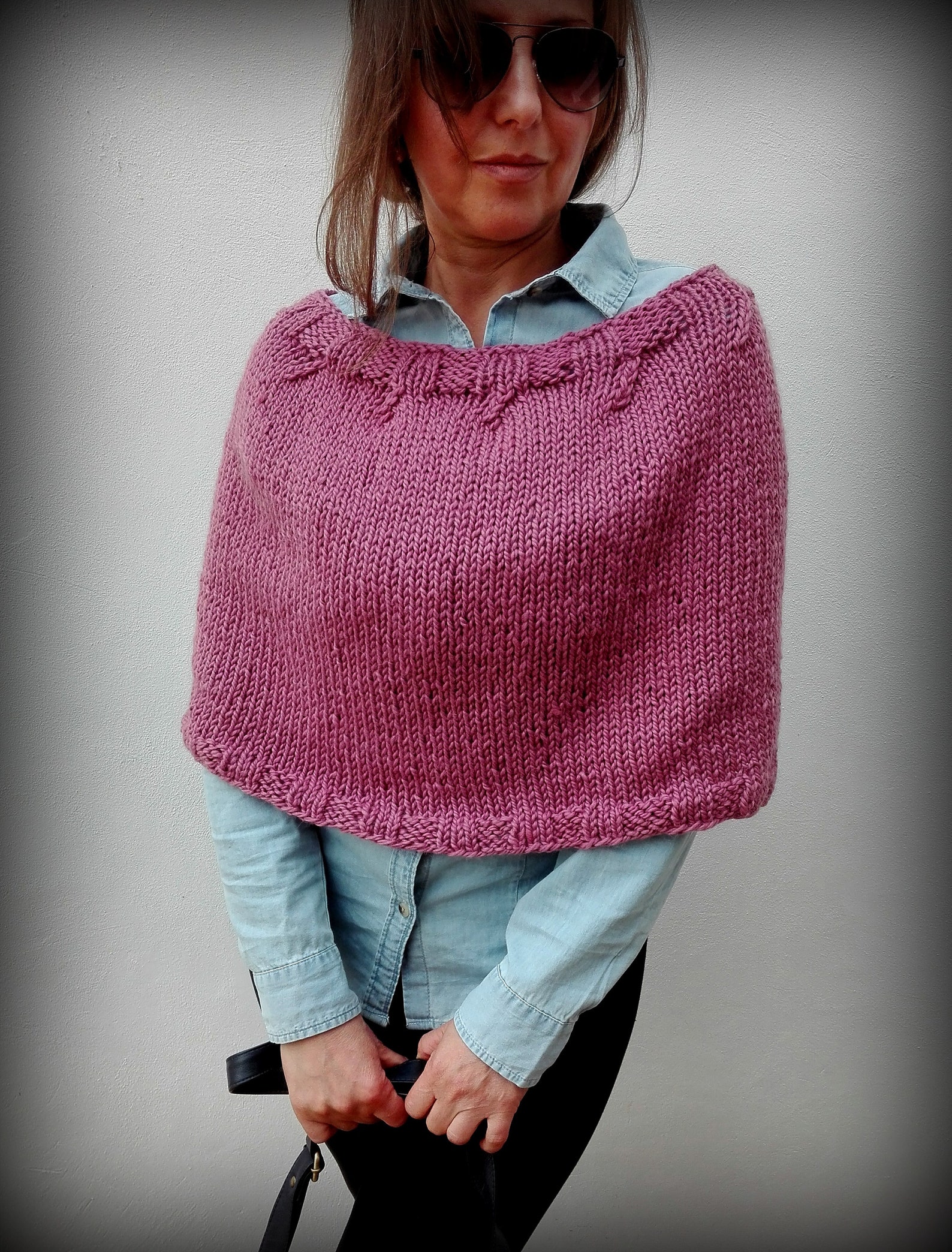 Wool Hand Knit Soft and Warm Poncho in Dark Pink, Women Artistic and ...