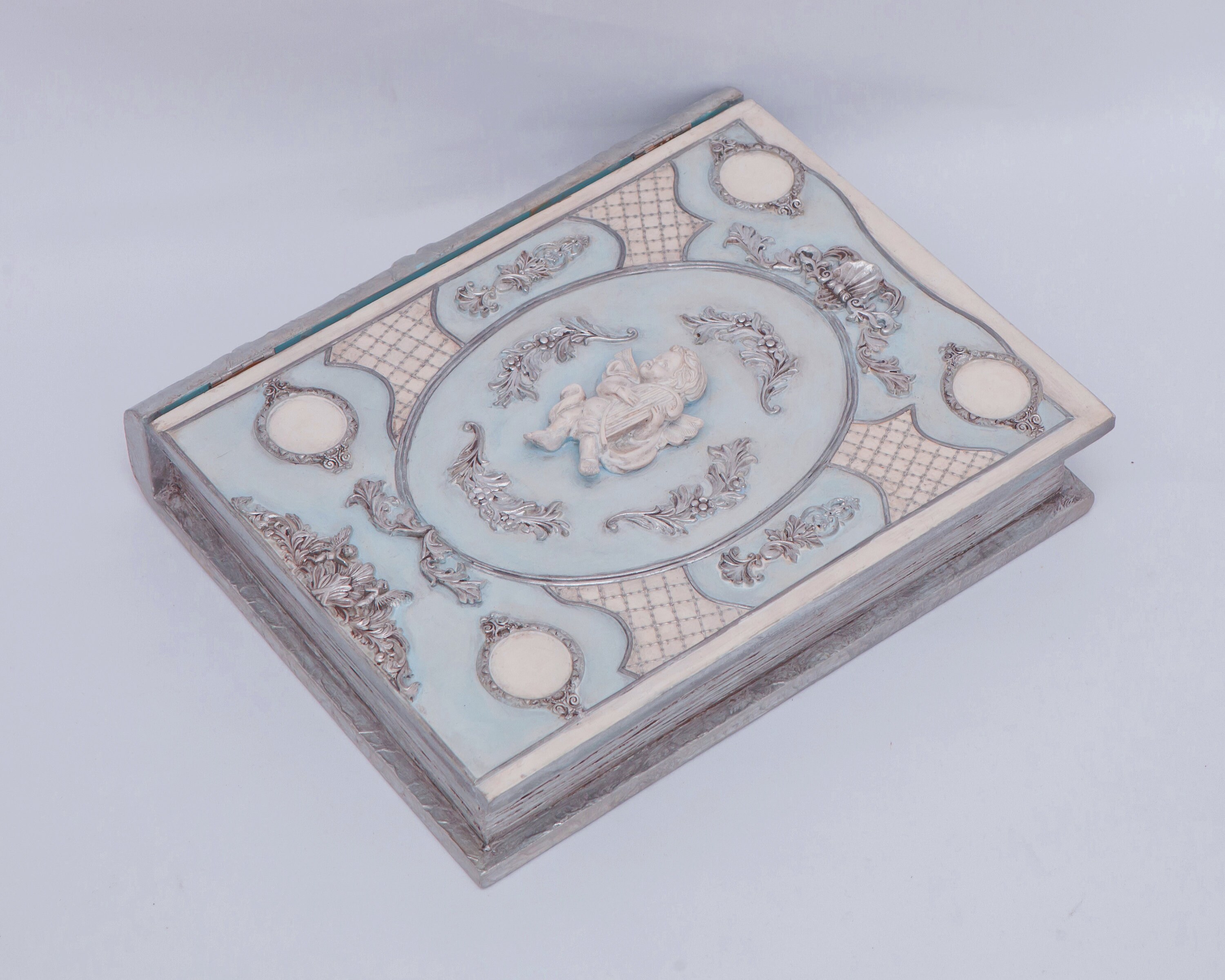 Blue Wooden Rococo Book Box, Jewelry Book Box, Wooden Storage Box ...