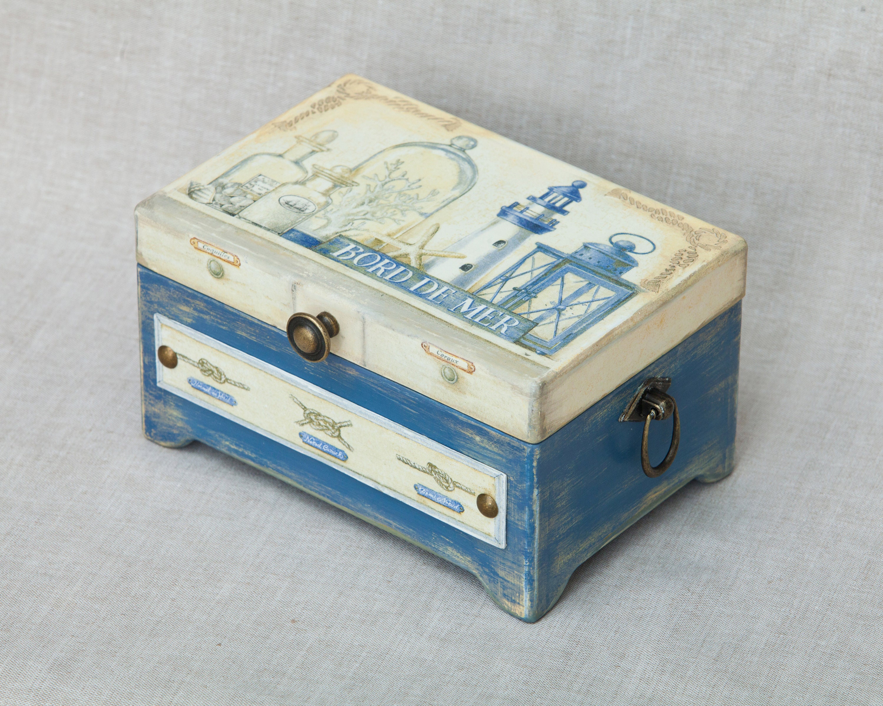 Vintage Blue Lighthouse Wooden Box, Provence Sea Theme, Coastal Decor ...