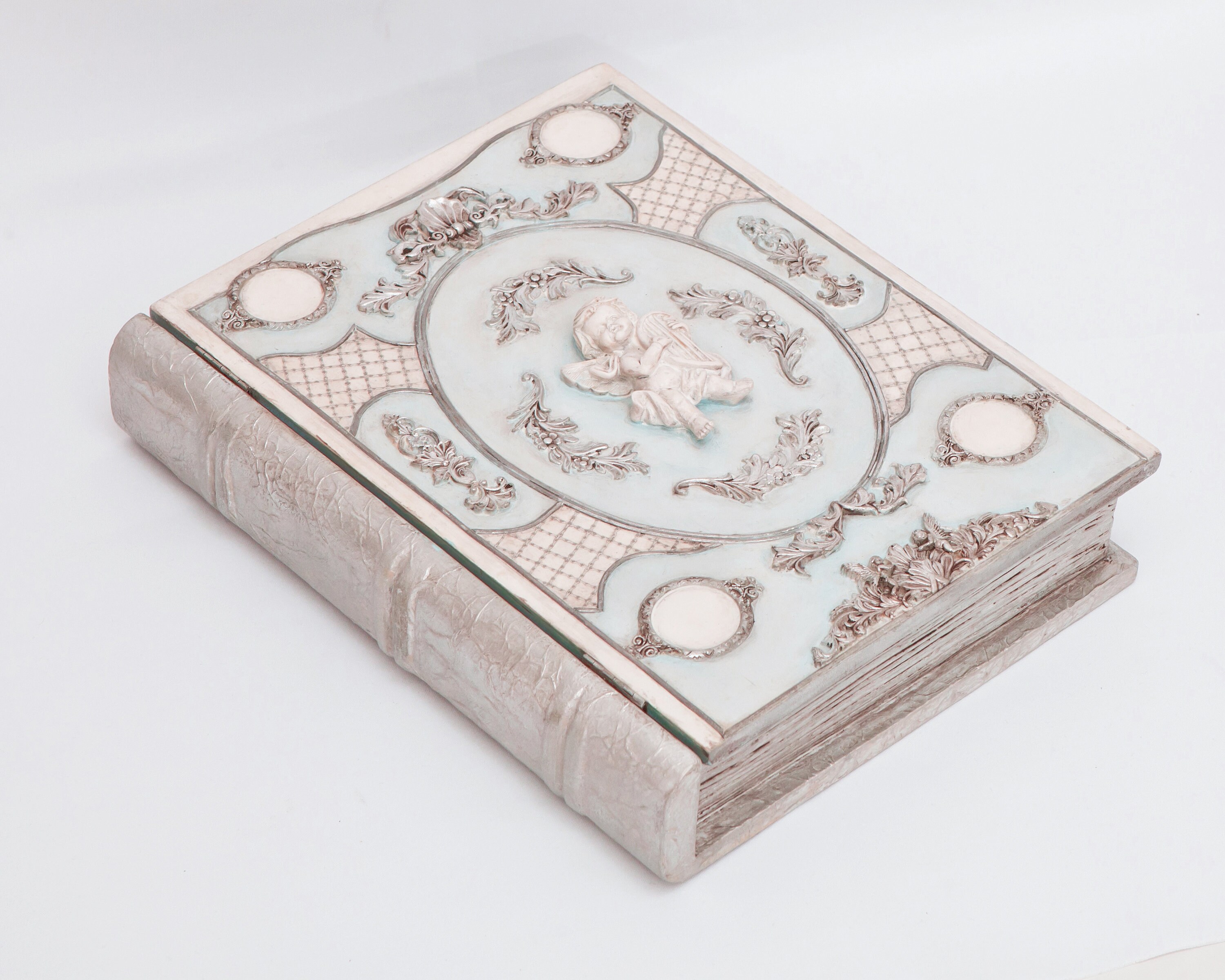 Blue Wooden Rococo Book Box, Jewelry Book Box, Wooden Storage Box ...