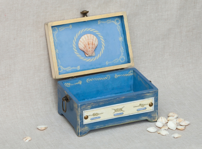 Vintage Blue Sea Shell Lighthouse Wooden Box, Provence Sea Theme Box ...