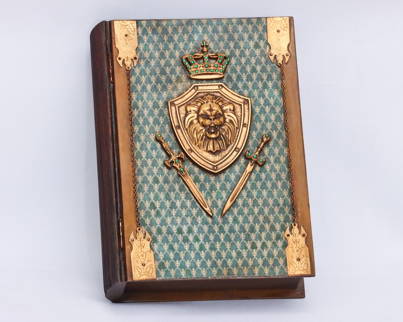 Vintage Medieval Lion Inlaid Crown and Saber Wooden Folio, Custom Book ...