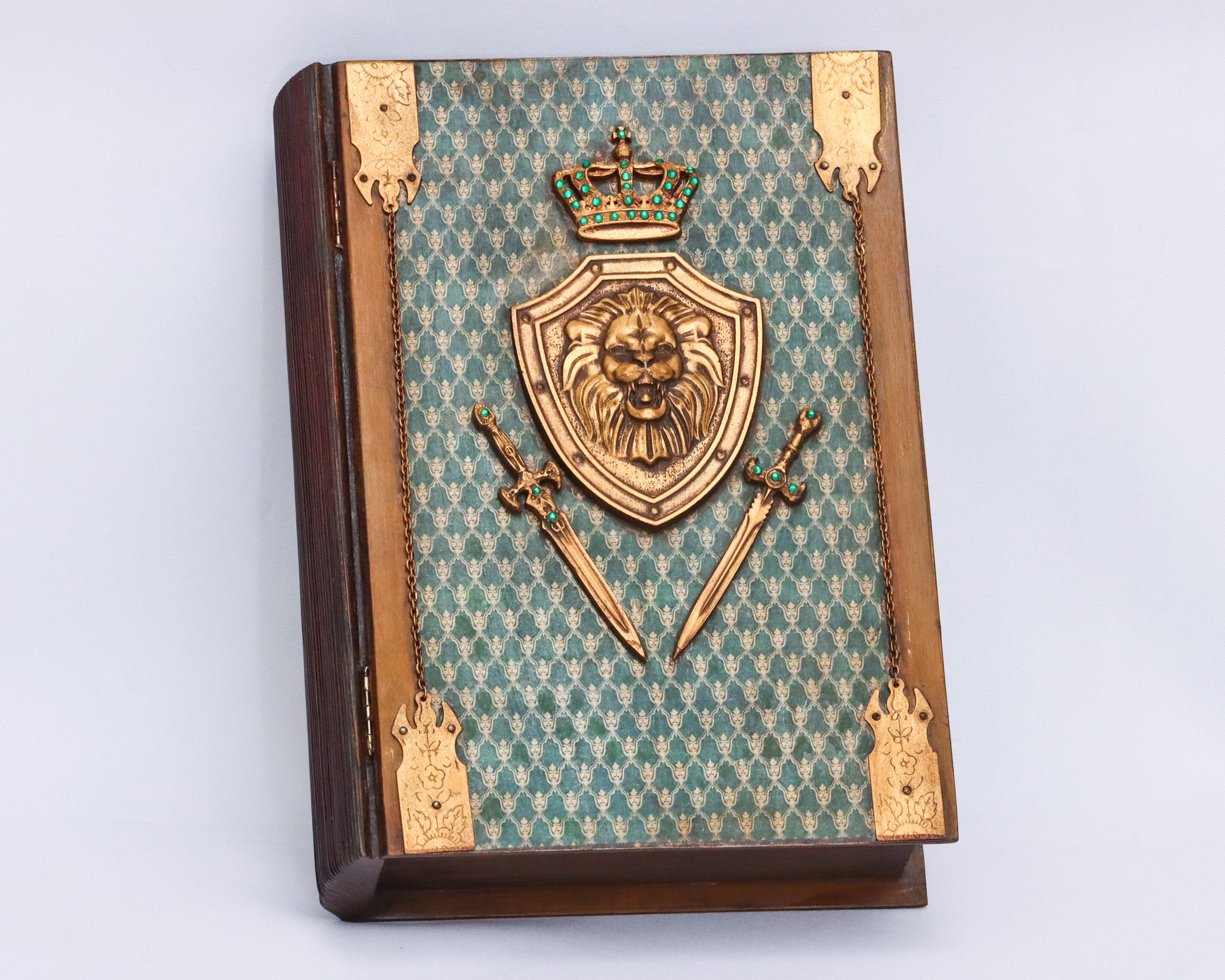 Vintage Medieval Lion Inlaid Crown and Saber Wooden Folio, Custom Book ...