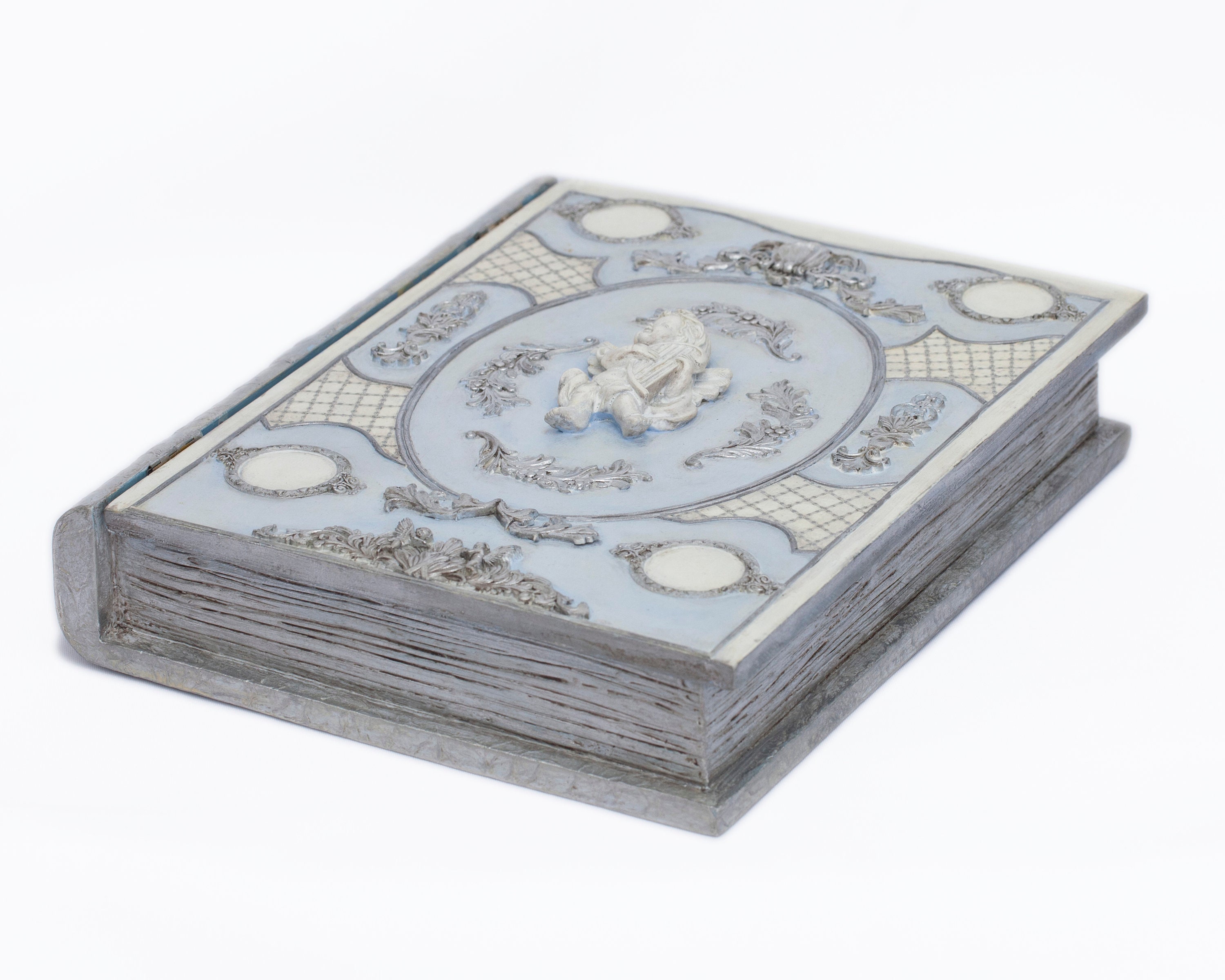 Blue Wooden Rococo Book Box, Jewelry Book Box, Wooden Storage Box ...