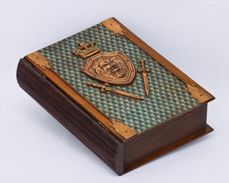 Vintage Medieval Lion Inlaid Crown and Saber Wooden Folio, Custom Book ...