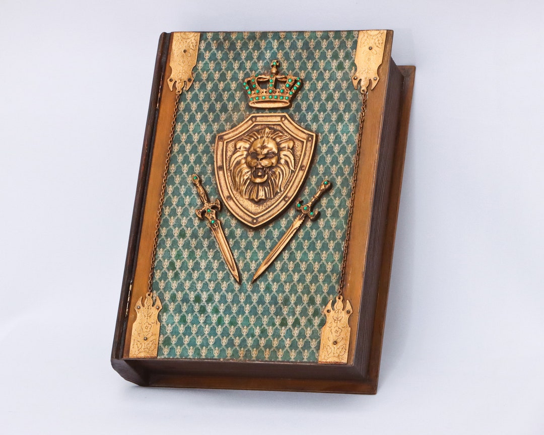 Vintage Medieval Lion Inlaid Crown and Saber Wooden Folio, Custom Book ...
