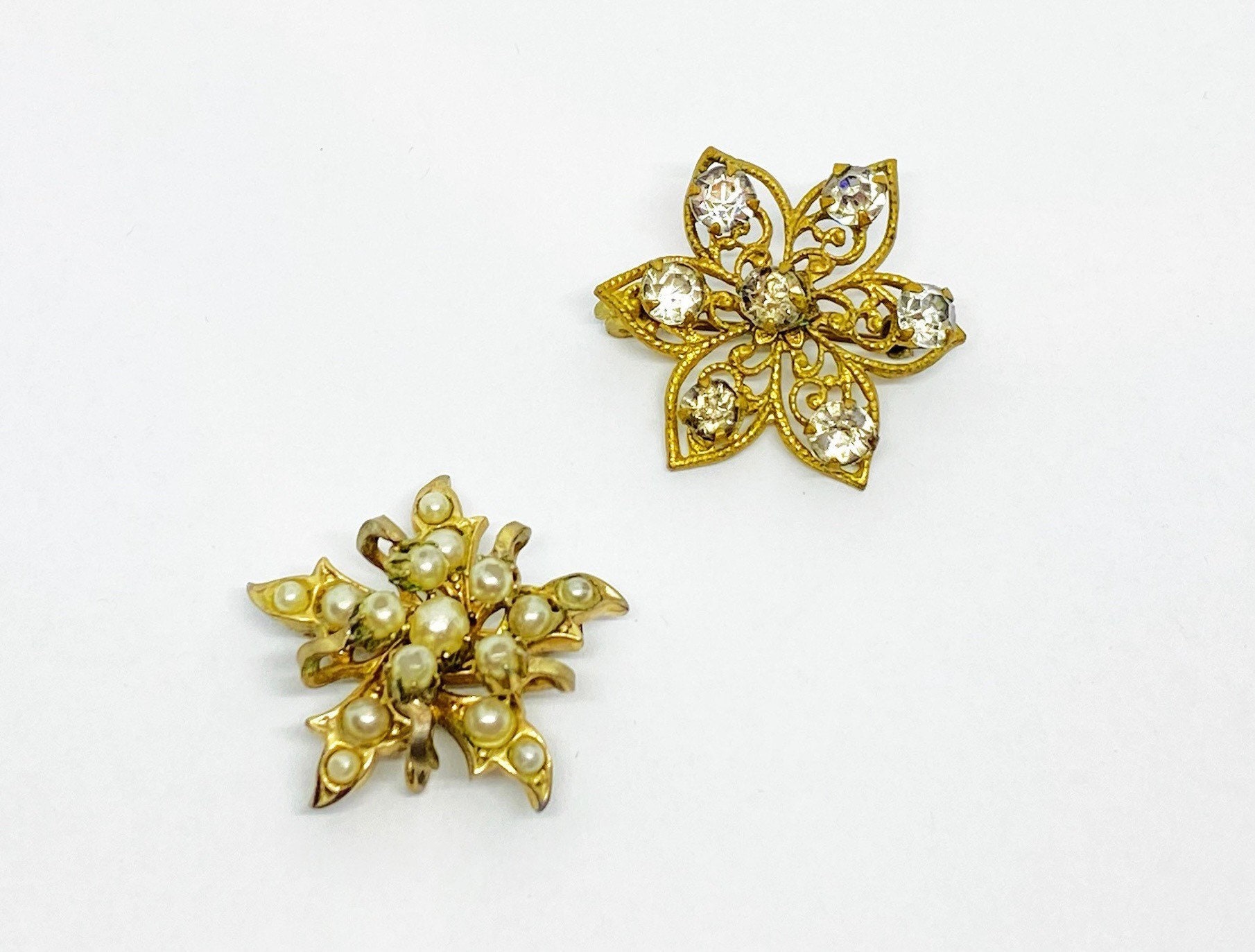 Two Vintage/antique Small Brooches, Star-shaped, Faux Pearl, Rhinestone ...