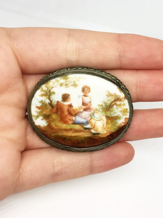 Antique Victorian Art Nouveau Deco Oval Porcelain Bro… - Gem Antique Victorian Art Nouveau Deco Oval Porcelain Bro… - Gem