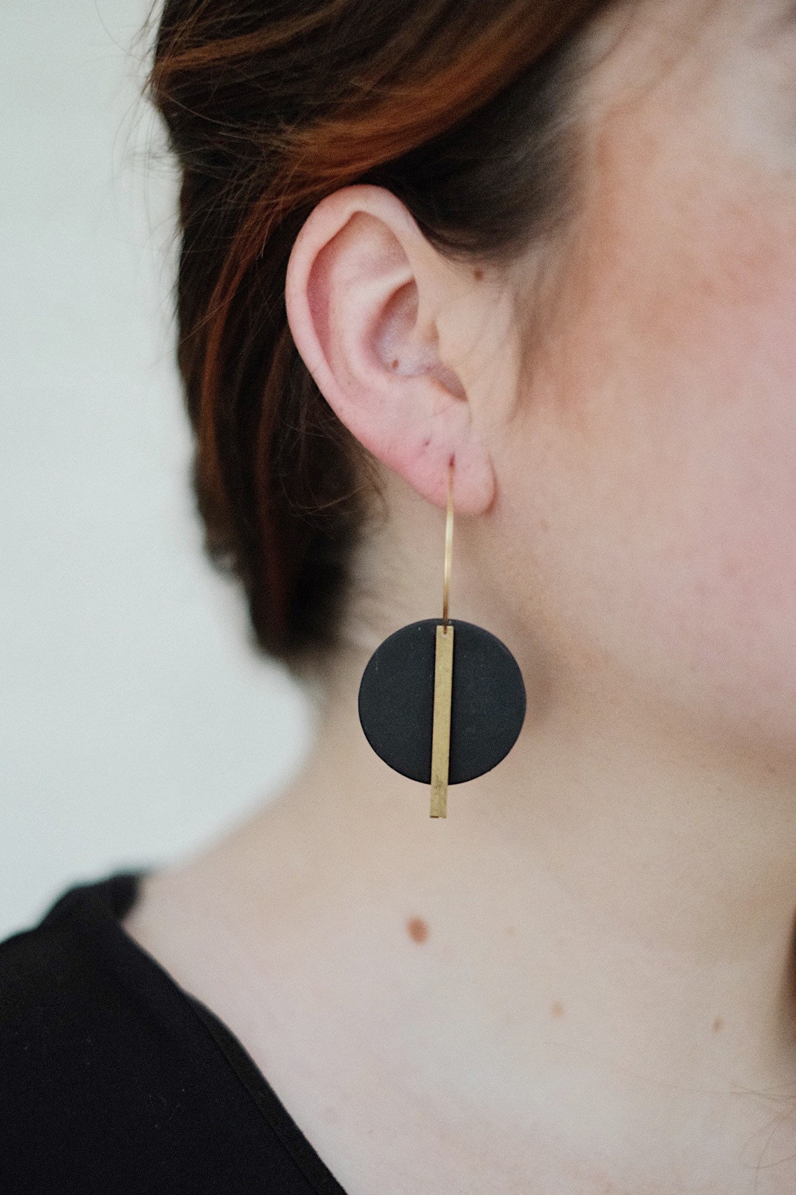 Black Circle Hoops With Gold Bar IVY Minimalist Geometric - Etsy