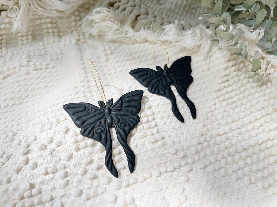 Black Luna Moth Hoops - Matte Celestial Earrings Gothic Grunge Gift ...