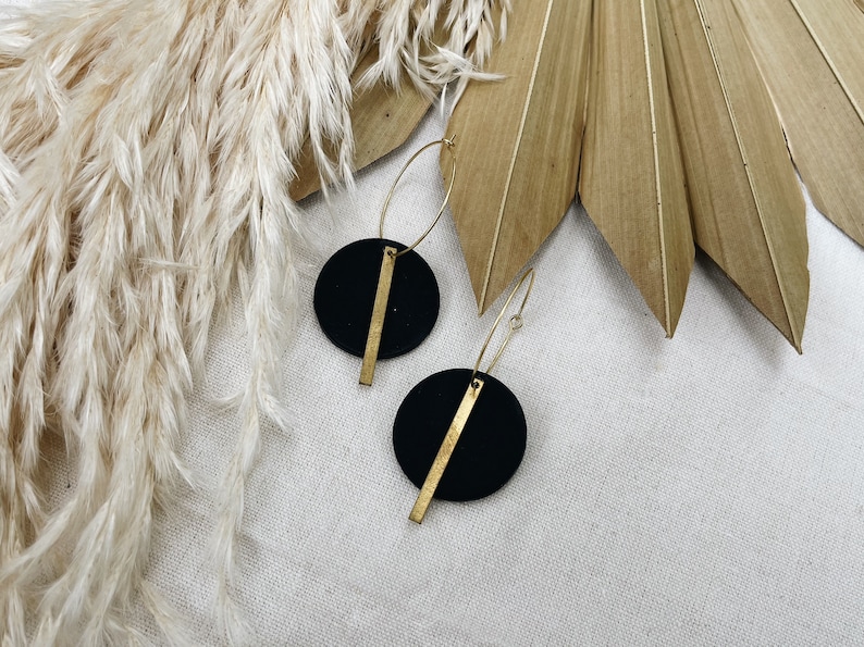 Black Circle Hoops With Gold Bar IVY Minimalist Geometric - Etsy