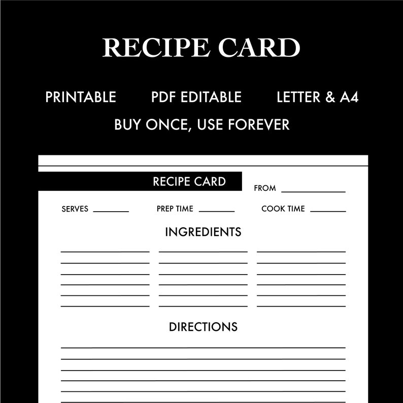 Recipe Card Printable | PDF Editable | Letter & A4 - Etsy
