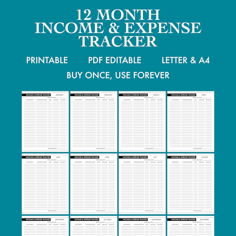 12 Month Income Expense Tracker/ledger | Finance Organizer | PDF ...