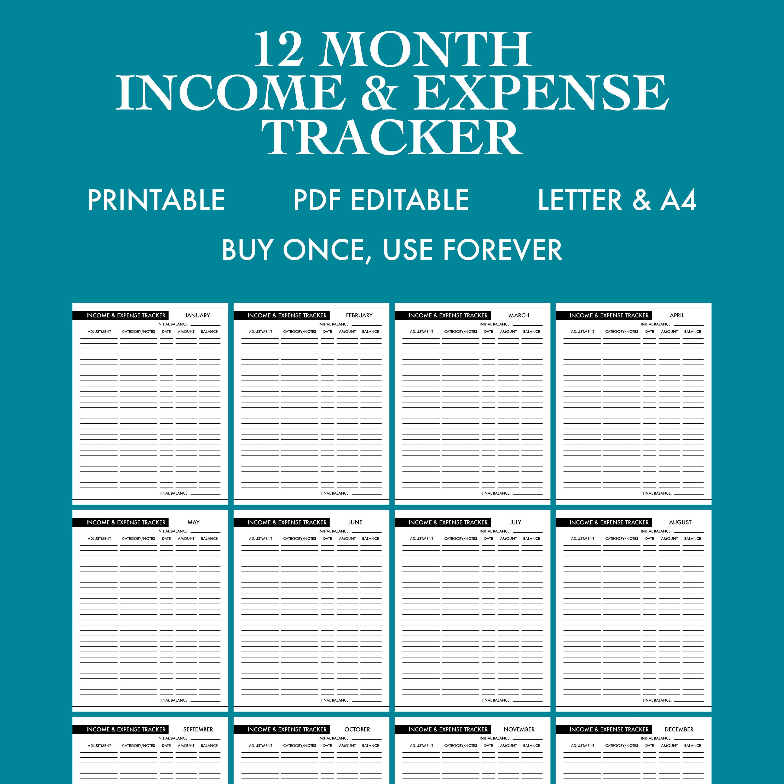 12 Month Income Expense Tracker/ledger | Finance Organizer | PDF ...