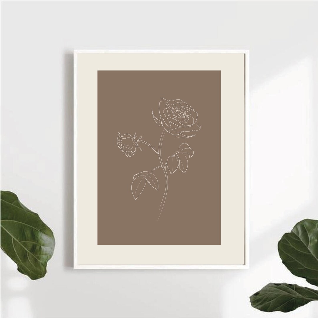 White Rose Line Drawing With Coloured Background| Rose Wall Art ...