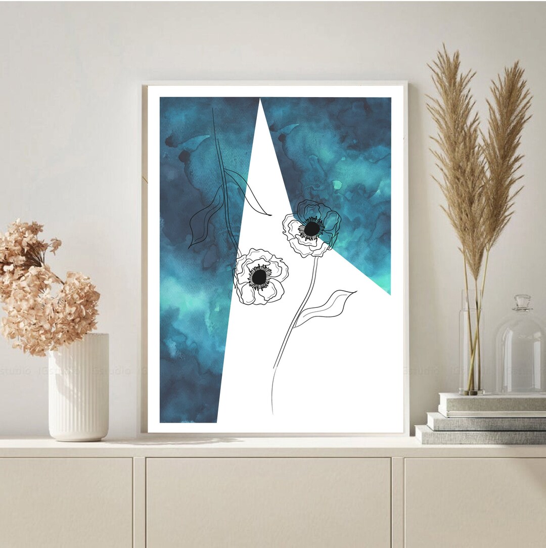 Poppy Line Drawing Print With Dark Blue Watercolour Background| Botanic ...