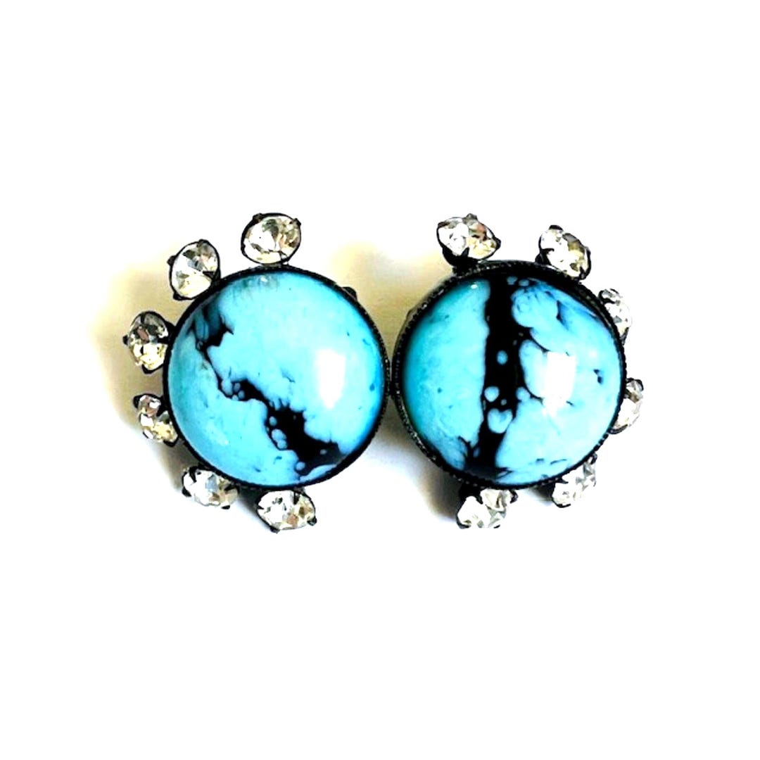 Vintage Miriam Haskell Turquoise Colored Cabochon Clear Rhinestone Clip ...