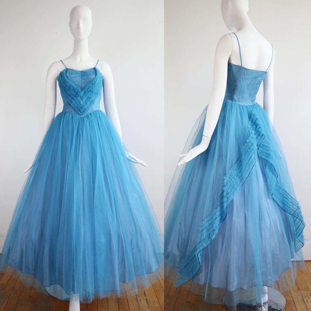 Vintage 1950's | Medium | Cerulean Blue Layered Tulle Gown With Heart ...