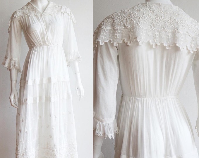 Antique Vintage XS Edwardian Tea Dress With Beautiful Embroidery Tiered ...
