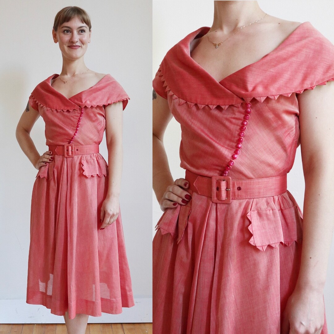 Vintage 1950s Small Ellen Kaye Coral Cotton Dress - Etsy