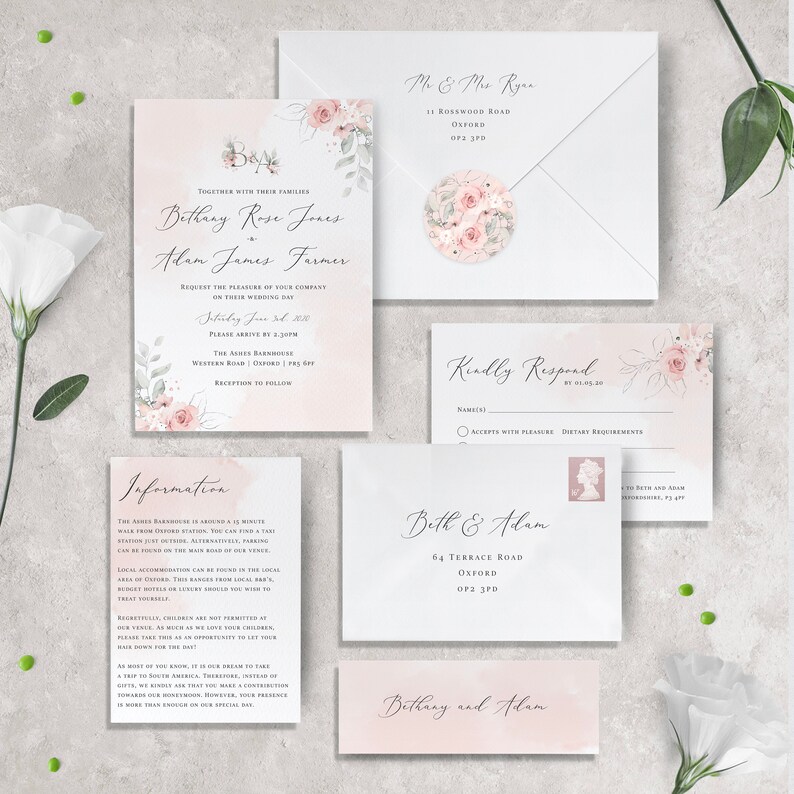 Wedding Invitation Blush Pink Watercolour Wedding Invites | Etsy