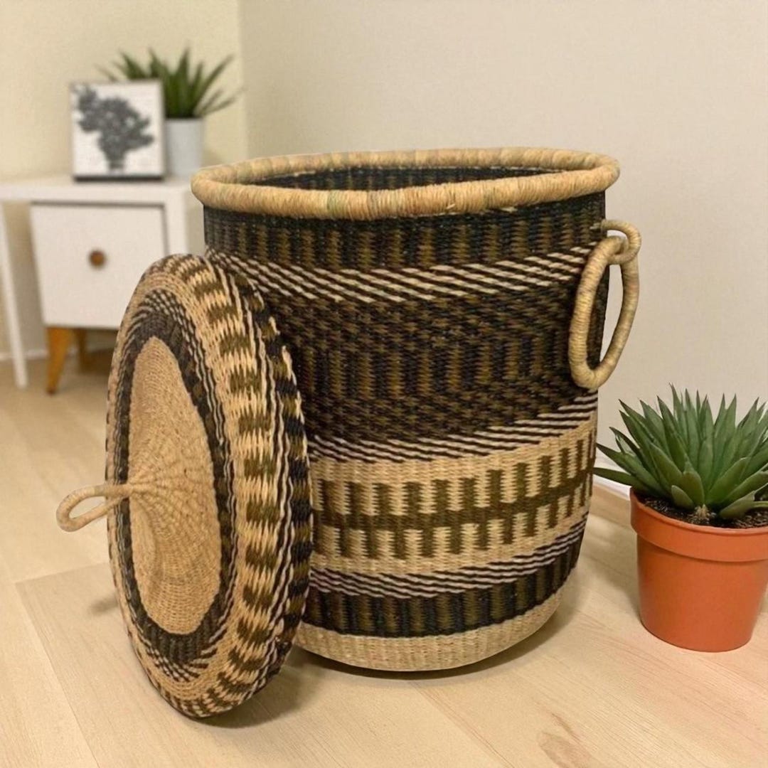 Handwoven African Laundry Basket: Bolga Basket With Leather Handles - Etsy