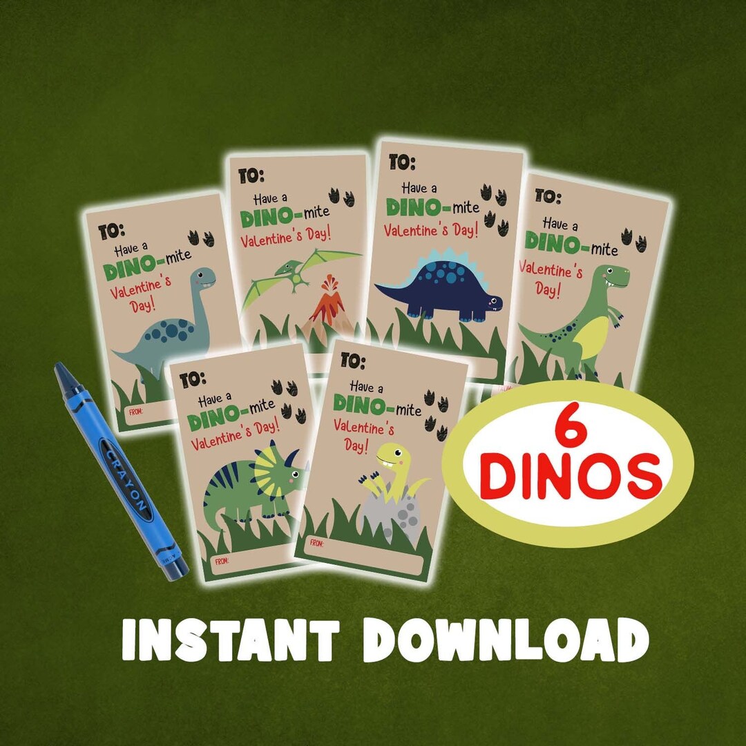 DIGITAL Dinosaur Valentine's Day Cards for Kids Set of 6, Instant ...