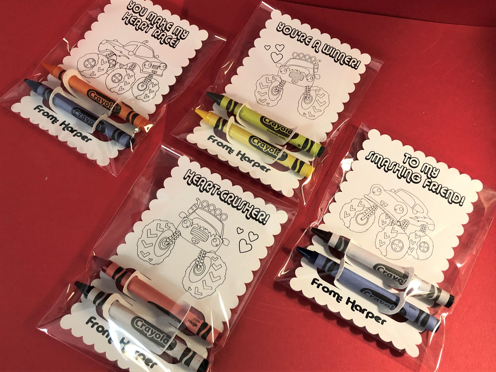 Monster Truck Valentines Day Coloring Cards Crayons & Bags | Etsy