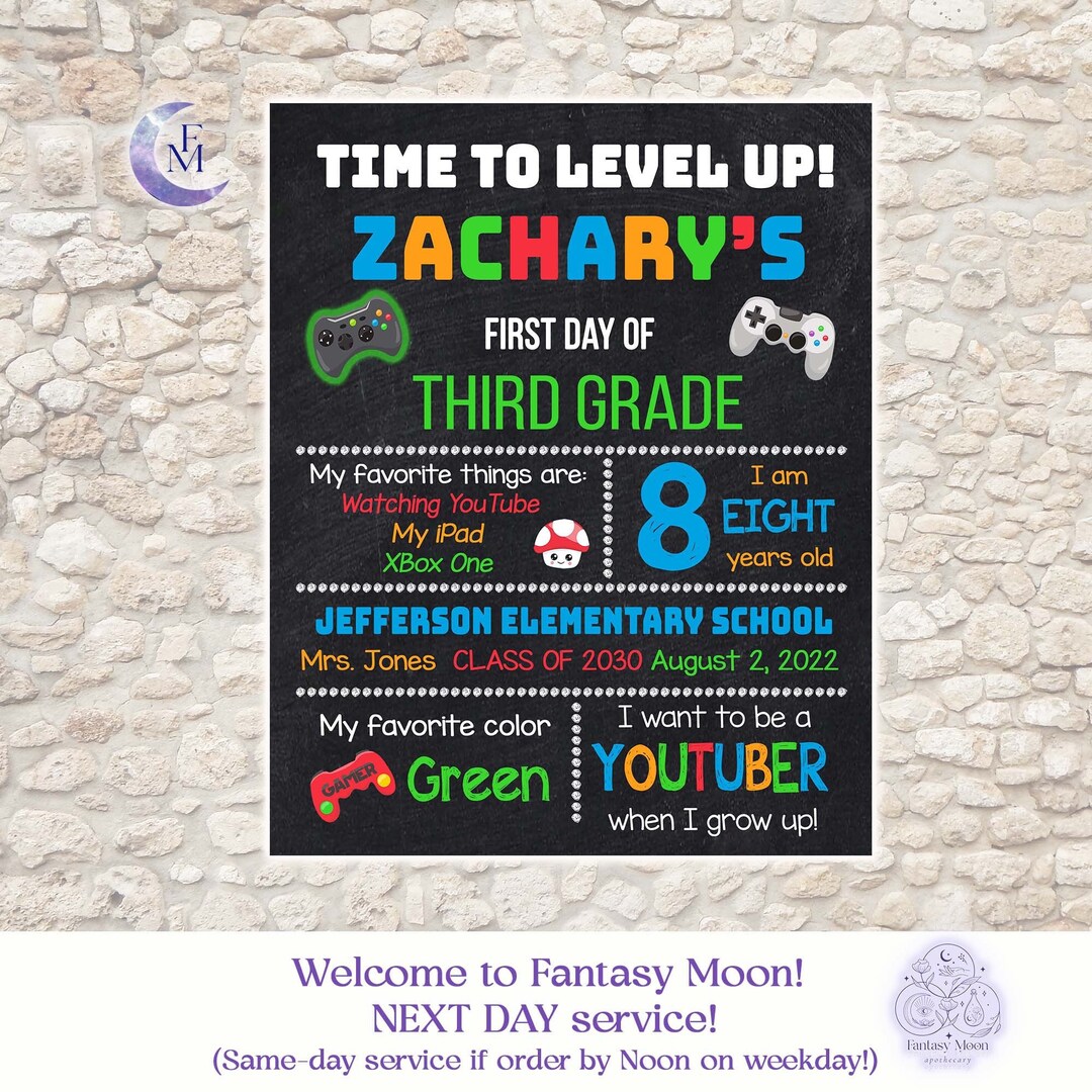 Videogame First Day of School Sign Chalkboard Gamer Printable ANY GRADE ...