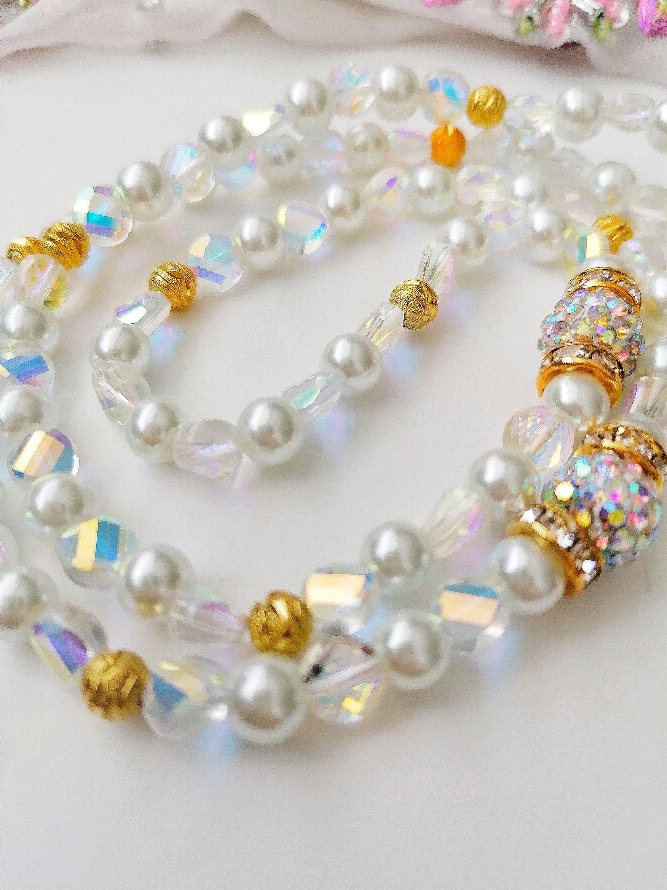 Tasbih Tasbeeh -99 Bead White AB Twist Czech Crystal and Pearls. - Etsy