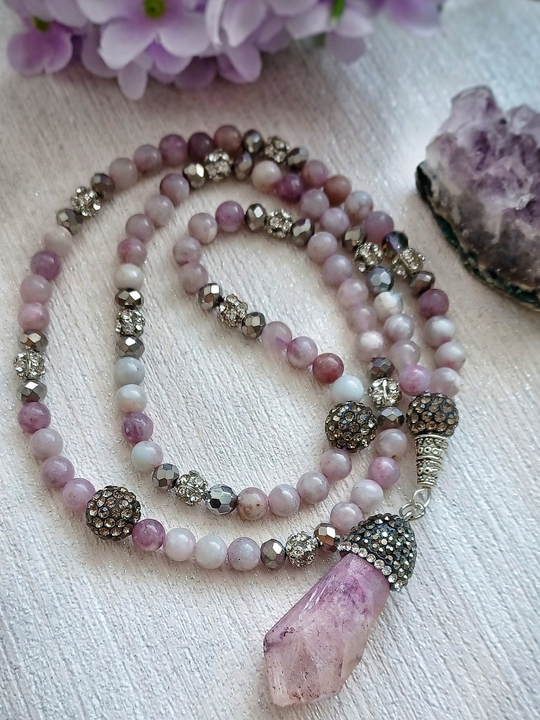 VIOLET SPARKLE Semi Precious, Kunzite Natural Stone 99 Bead Tasbih ...