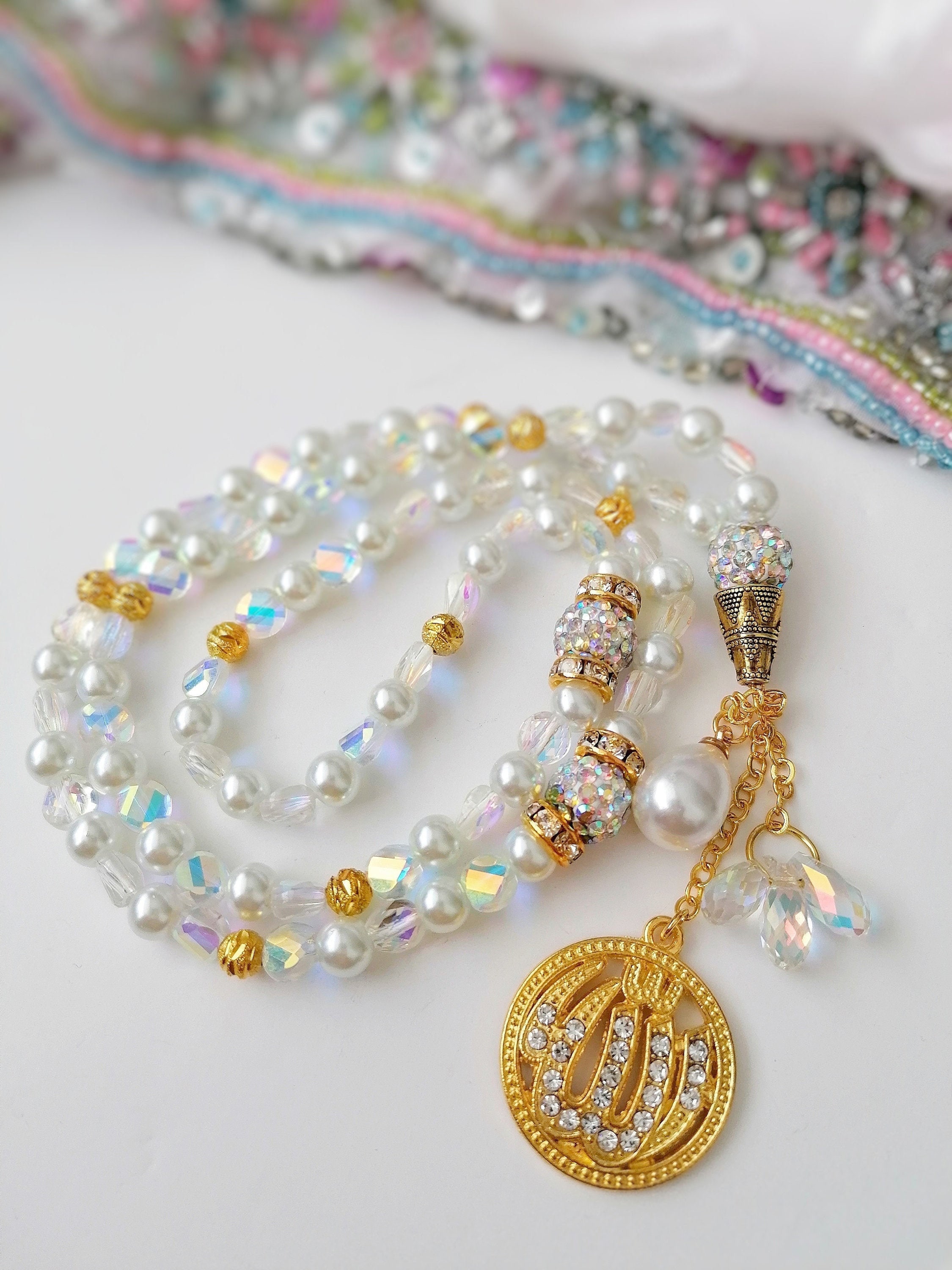 Tasbih Tasbeeh -99 Bead White AB Twist Czech Crystal and Pearls. - Etsy