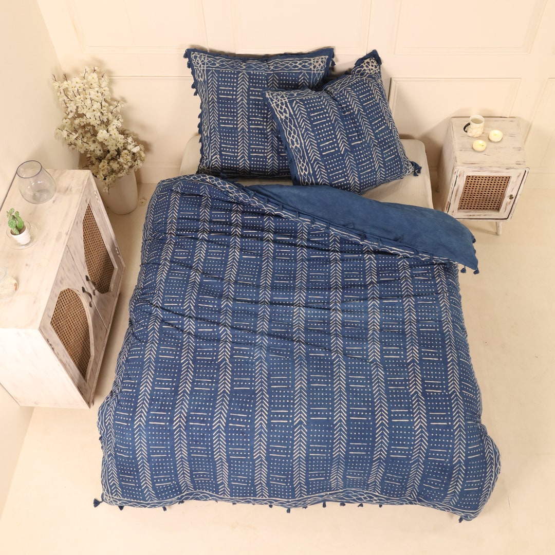 Indigo Blue Block-printed Bed Linen - Boho Duvet Cover for Single Bed ...