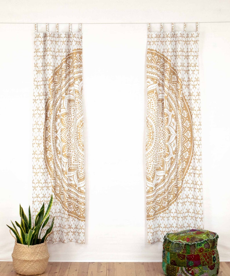 Indian Curtain Ombre Mandala White Gold Curtain Ethnic Style With Loops ...