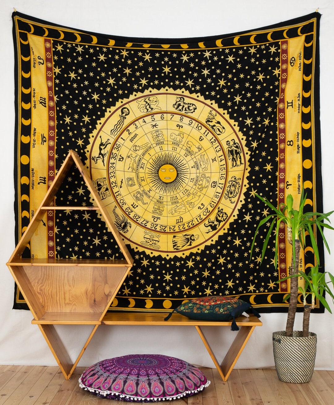 Wall Cloth With Zodiac Signs Astro Stars Planets and Sun in Yellow on ...