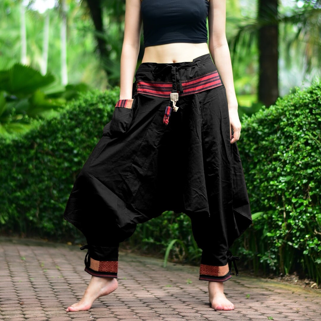 Harem Pants in Black With Ethnic Fabric, Goa Pants Made of 100% Cotton ...
