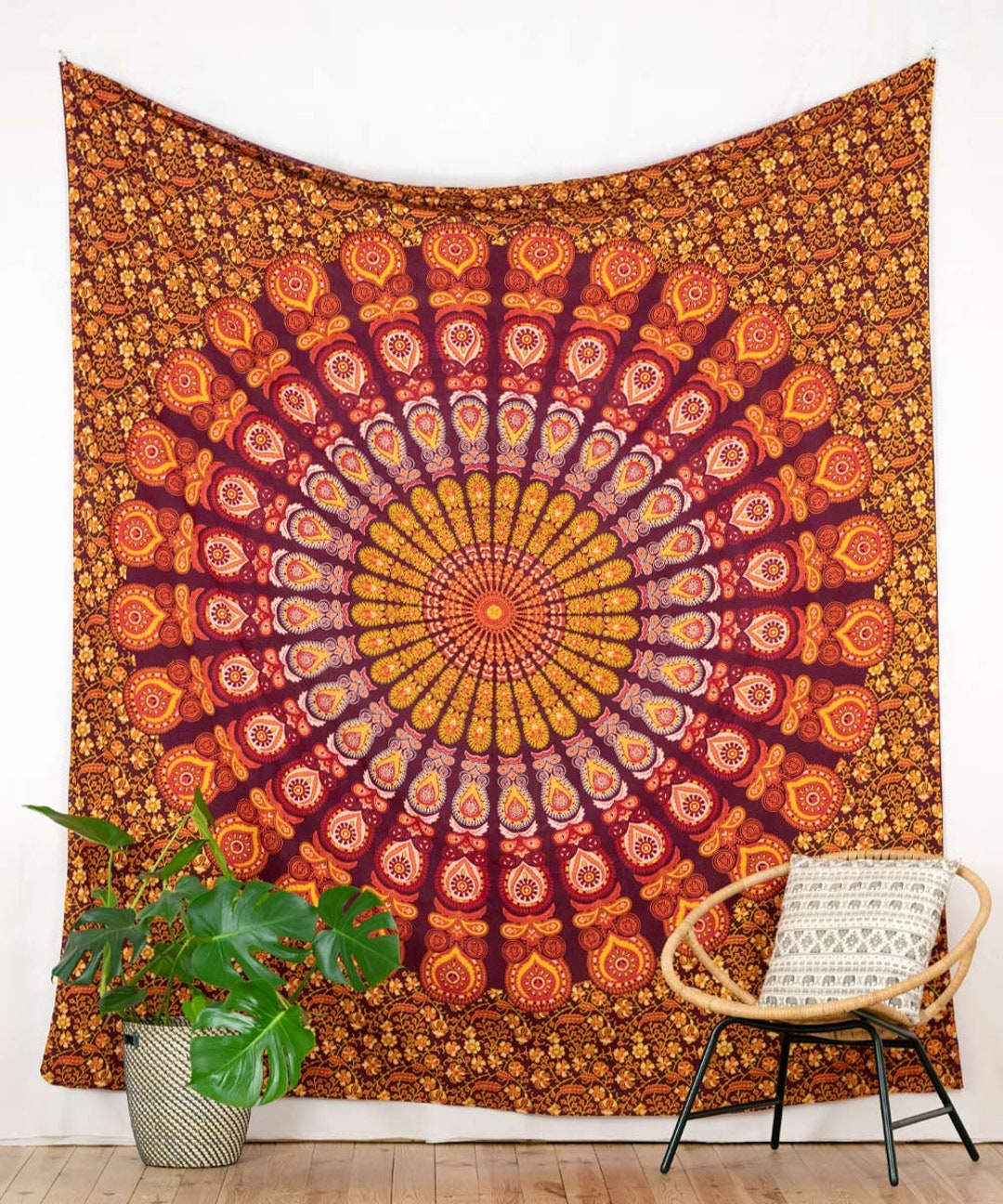 Muur hangende mandala Indiase wandtapijt wanddoek donkerrood oranje ...