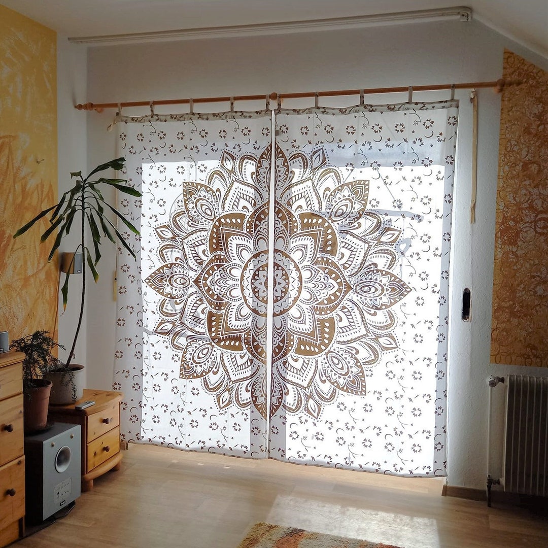 Indian Curtain Lotus Mandala White Gold Oriental Curtain Ethnic Style ...