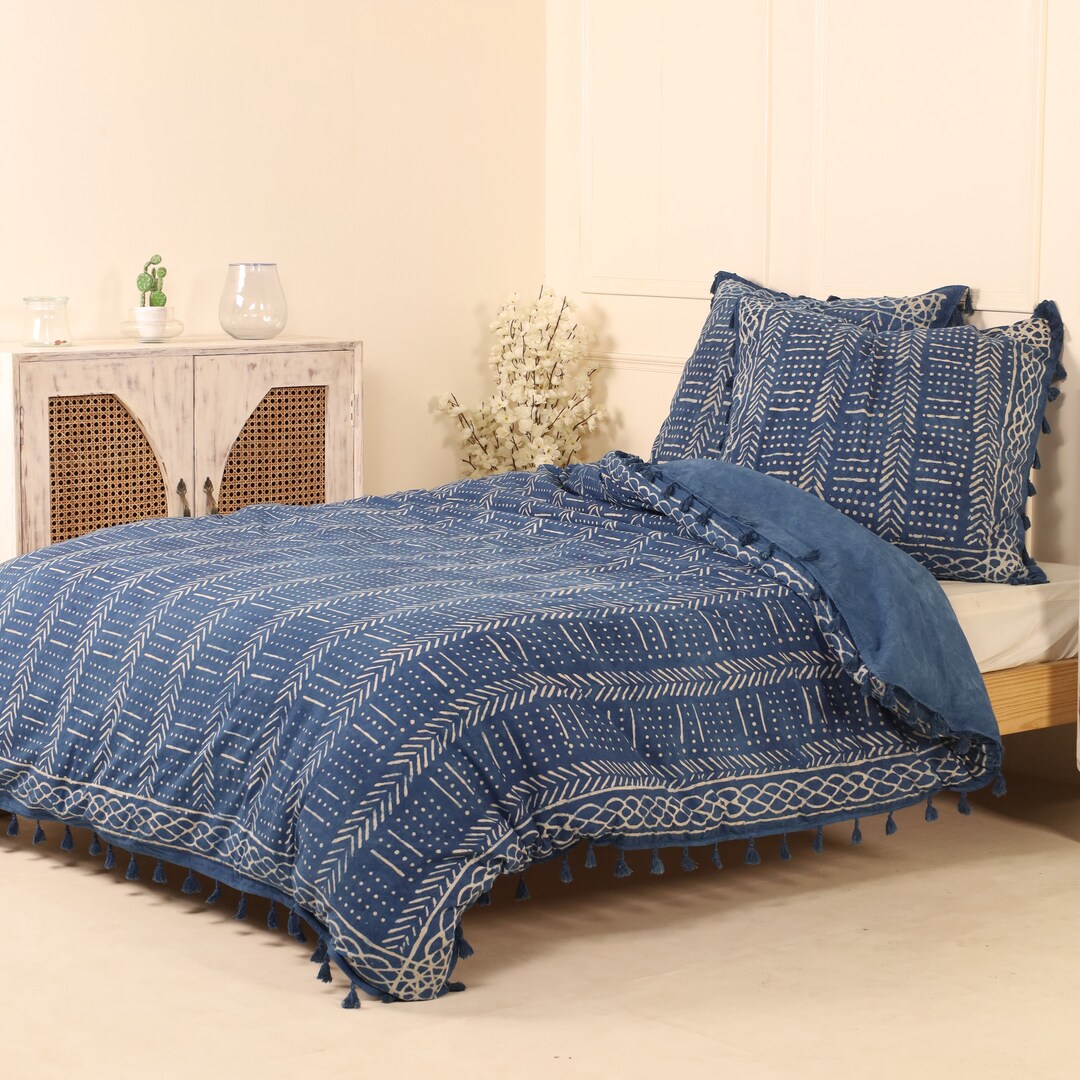 Indigo Blue Block-printed Bedding - Boho Duvet Cover for a Single Bed ...