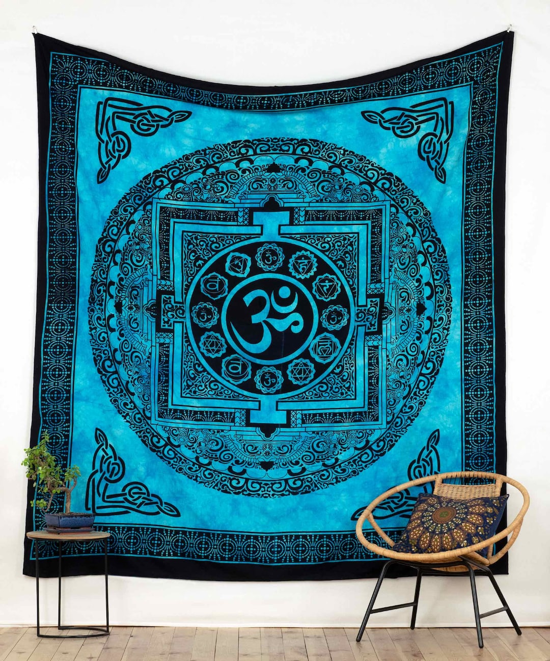 Indian Tapestry Blue, Om Sign and Mantra Wall Hanging, Handmade in ...